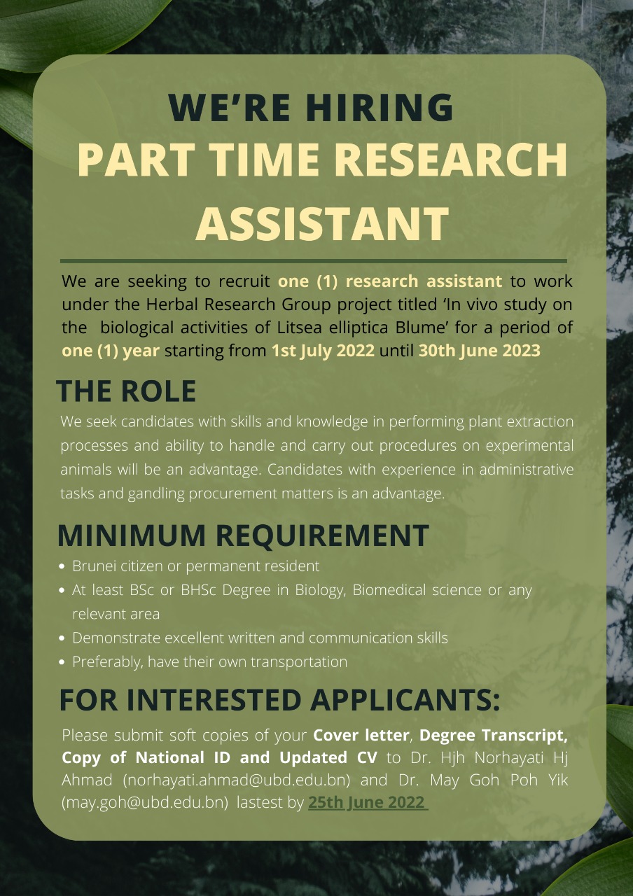 Career Opportunity: Part-Time Research Assistant – UBD HERBAL RESEARCH ...